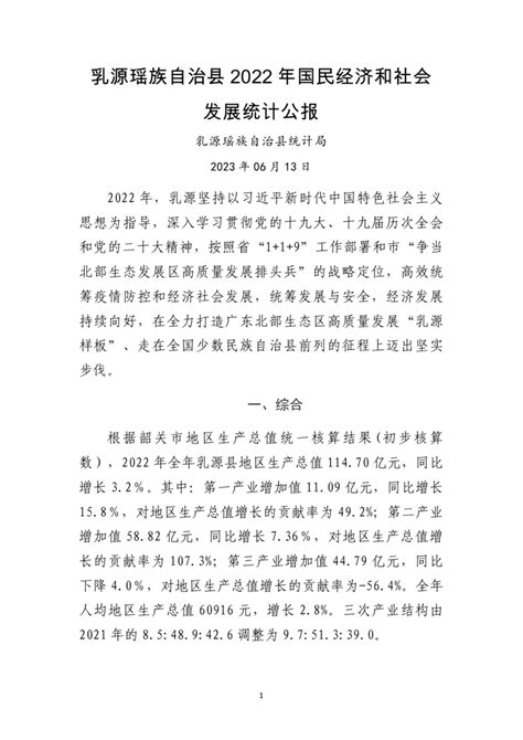 韶关市乳源瑶族自治县2022年国民经济和社会发展统计公报 红黑统计公报库