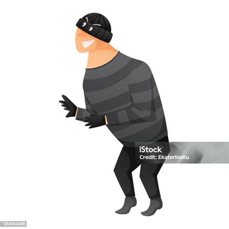 검은 옷을 입은 만화 도둑이나 도둑 발라클라바 또는 모자와 장갑을 낀 도둑이 발끝에 몰래 들어와 미소를 짓고 있습니다 악당에