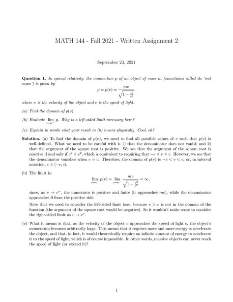 Assignment Solutions Math Fall Written Assignment