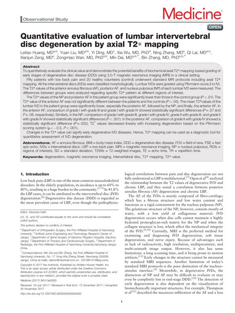 Pdf Quantitative Evaluation Of Lumbar Intervertebral Disc Degeneration By Axial T2 Mapping