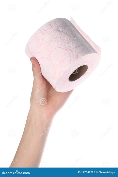 Woman Holding Roll Of Toilet Paper On White Background Stock Image
