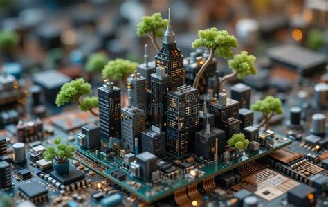 A Small Microcontroller Circuit Board With Tiny Buildings Growing Out Of It Stock Illustration