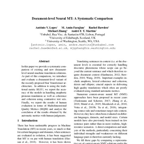 Document Level Neural Mt A Systematic Comparison Acl Anthology