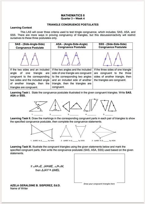 Mathematics 8 Quarter 3 Week Triangle Congruence Postulates Learning Context This Las Will Cover