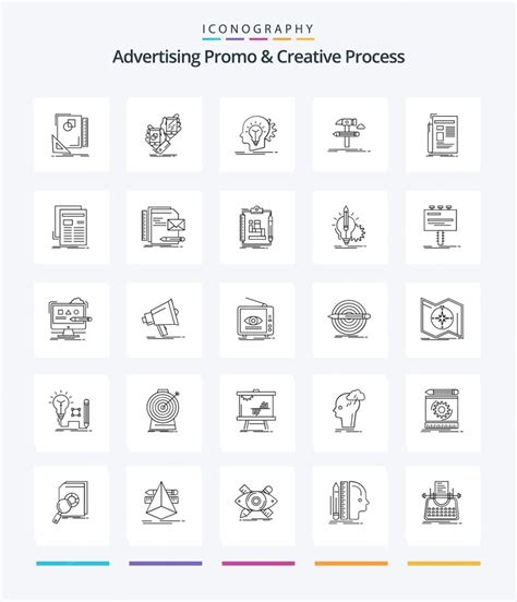 크리에이티브 광고 프로모션 및 크리에이티브 프로세스 25 개요 아이콘 팩예 빌드 배치 사고 헤드 개발 무료 벡터