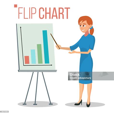 플립 차트 프레 젠 테이 션 개념 벡터입니다 여 자가 보여주는 전략 프리젠테이션 교육 회의 회의입니다 평면 절연된 그림 만화
