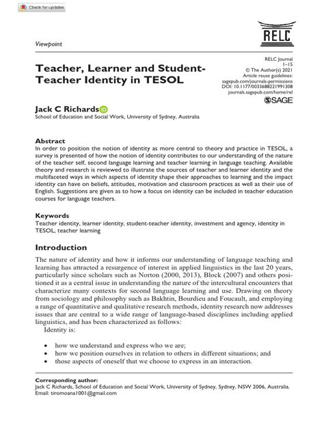 Teacher Learner And Student Teacher Identity In Tesol Pdf Teachers