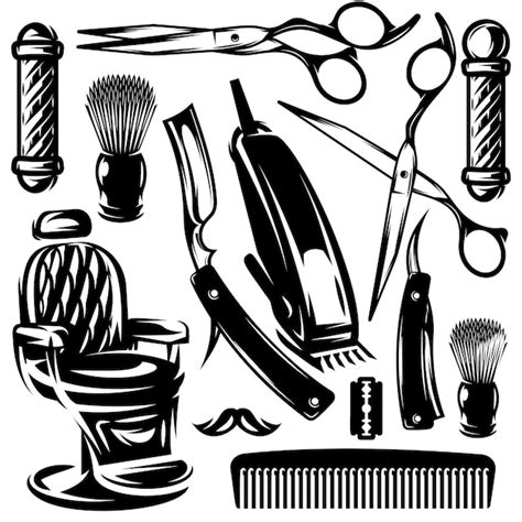 Conjunto monocromo vectorial de accesorios y herramientas en peluquería