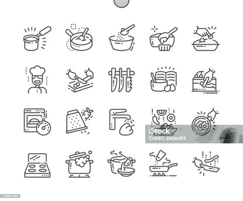 烹飪精心製作的圖元完美向量細線圖示 30 2x 網格為 Web 圖形和應用程式簡單最小表意字元向量圖形及更多圖示圖片 圖示 食譜 平底