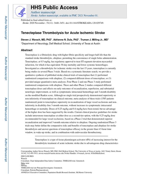 2020 Tenecteplase Thrombolysis For Acute Ischemic Stroke Pdf Stroke