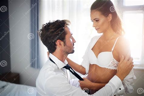 Sensual Couple Hug Each Other Woman With Glamorous Face Stock Image