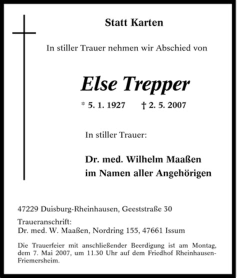 Traueranzeigen Von Else Trepper Trauer In Nrwde