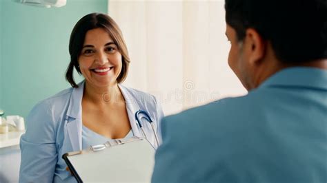 A Smiling Pregnant Woman Sits On An Examination Table In A Doctor S