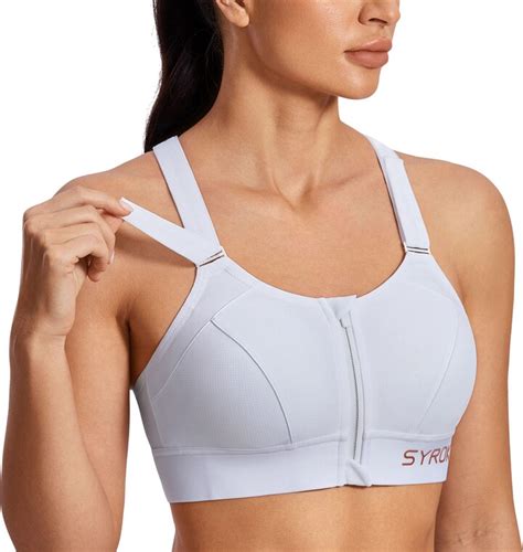 SYROKAN Women S Sports Bra High Impact Zip Front Adjustable Velcro