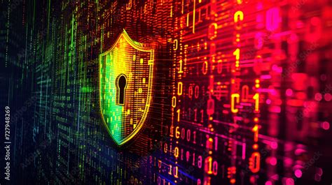cybersecurity shield concept with binary code merging into a digital