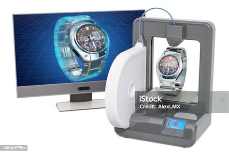 3 차원 프린터 3d 렌더링에 고립 된 흰색 배경에서 남자에 대 한 아날로그 디지털 손목 시계 3차원 인쇄에 대한 스톡 사진 및