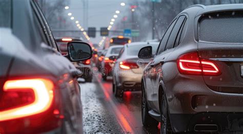 Modern Cars Are Stuck In A Traffic Jam On A Highway In Winter Stock
