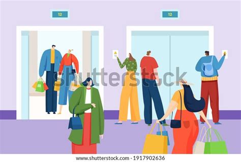 Group People Waiting Elevator Modern Multistorey Stock Vector Royalty