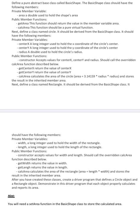 solved define a pure abstract base class called basicshape