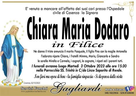 Chiara Maria Dodaro In Filice Anniversario 2024 Ricordi Di Vita