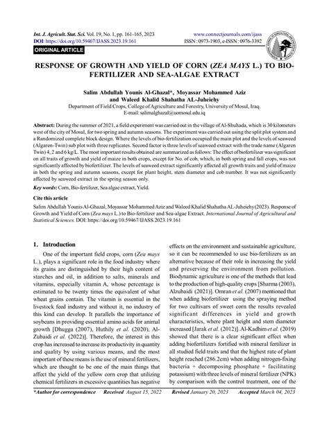 (PDF) Response of Growth and Yield of Corn (Zea mays L.) to Bio-fertilizer and Sea-algae Extract