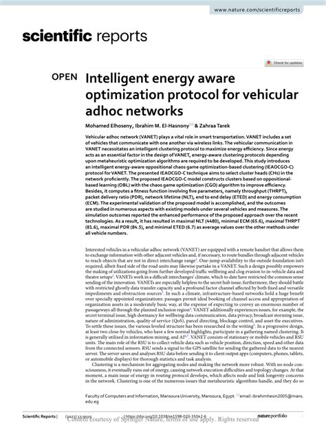 Pdf Intelligent Energy Aware Optimization Protocol For Vehicular Adhoc Networks