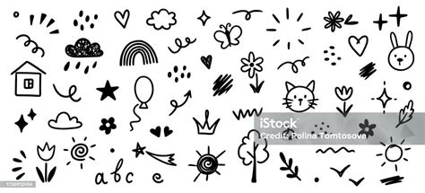손으로 그린 아이 아이콘 스케치 재미있는 귀여운 요소 꽃 구름 풍선 낙서 선 스케치 유치한 요소 세트 꽃 심장 구름 아이들은 스타일 디자인 요소를 배경으로 그립니다 벡터 0