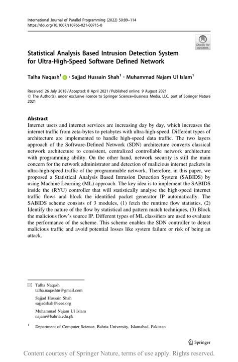 Statistical Analysis Based Intrusion Detection System For Ultra High