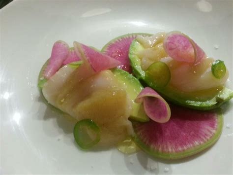 Olive Smoked Scallop Watermelon Radish Chefs Plate Watermelon