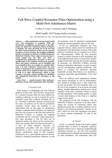 Pdf Full Wave Coupled Resonator Filter Optimization Using A Multi