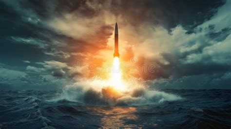 Submarine Missile Launch At Sea During Sunset Military Technology