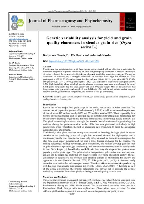 Pdf Genetic Variability Analysis For Yield And Grain Quality Characters In Slender Grain Rice
