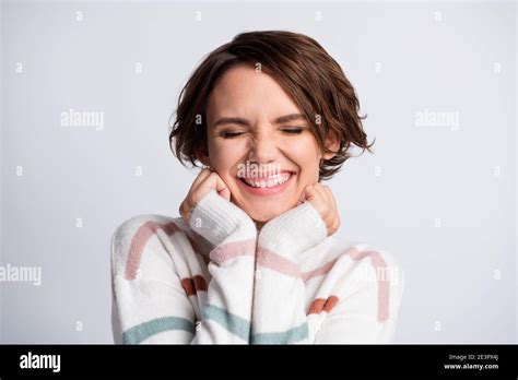 Close Up Portrait Of Attractive Cheerful Brown Haired Girl Enjoying