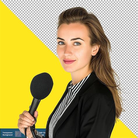Fotografía de una periodista con micrófono en un fondo transparente PNG
