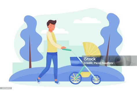 행복하다 남자 아버지 산책 와 유모차 에서 공원 벡터 일러스트 가계에 대한 스톡 벡터 아트 및 기타 이미지 가계 개념