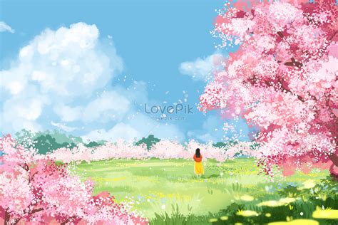 춘분 절기 벚꽃 풍경 일러스트 무료 다운로드 Lovepik