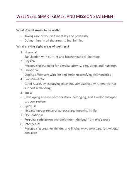 Wellness Smart Goals And Mission Statement Wellness Smart Goals And Mission Statement What