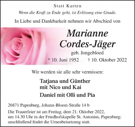 Traueranzeigen von Marianne Cordes Jäger noz Trauerportal