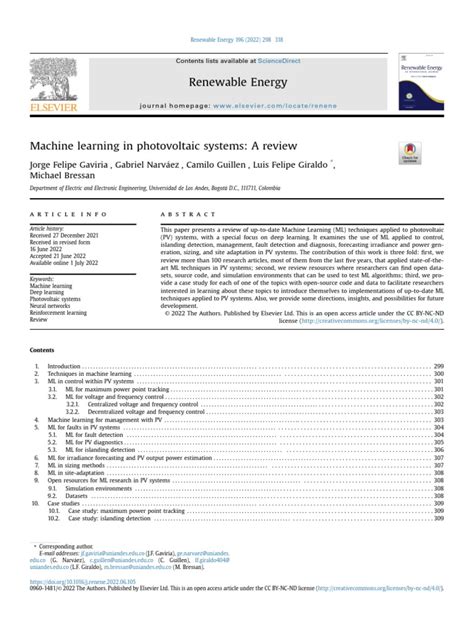 Machine Learning In Photovoltaic Systems Areview Pdf Applied Mathematics Cybernetics