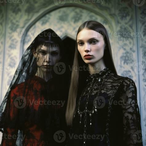 Two Women In Black And Red Dresses Standing Next To Each Other Generative Ai Stock