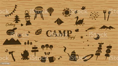 벡터 아이콘 삽화 캠핑 용품 야외 장비 및 레저의 세트입니다 천연 나뭇결 브랜딩 아이언 0명에 대한 스톡 벡터 아트 및 기타 이미지 Istock