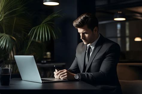 Premium Ai Image Businessman In Black Suit Working Typing On Laptop Computer Surfing The