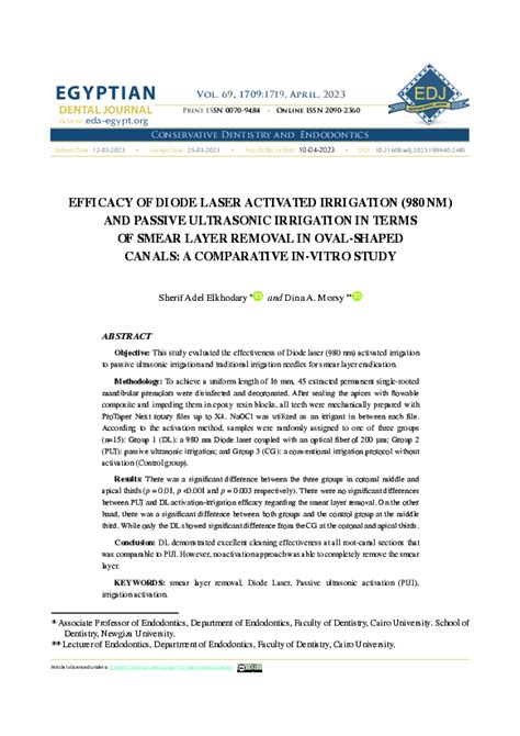 Pdf Efficacy Of Diode Laser Activated Irrigation 980 Nm And Passive Ultrasonic Irrigation In