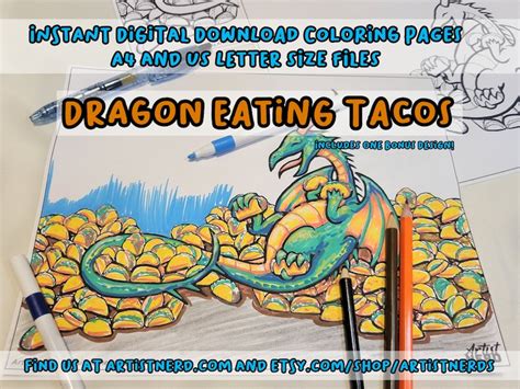 Dragon Eating Taco Coloring Pages Letter And A4 Sizes  File