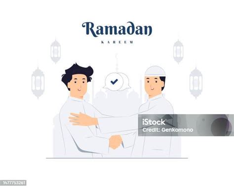 행복한 두 젊은 무슬림 남성이 승리의 날을 축하하고 Eid Al Fitr는 악수하고 서로 미소를 짓고 있습니다 Eid