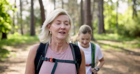 Mom Daughter And Hiking With Backpack In Forest For Fitness Adventure