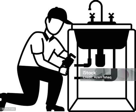 렌치와 고정 부엌 수도꼭지 개념 벡터 아이콘 디자인 배관공 장비 기호 핸디맨 서비스 작품 표지판 위생 기술자 스톡 일러스트와 배관공 연관공에 대한 스톡 벡터 아트 및 기타