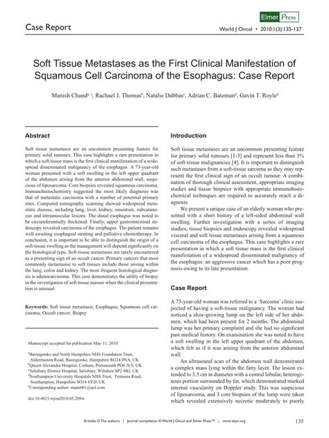 Pdf Soft Tissue Metastases As The First Clinical Manifestation Of