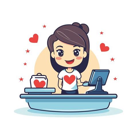 Premium Vector Cute Cartoon Girl Working On Computer In Office Vector