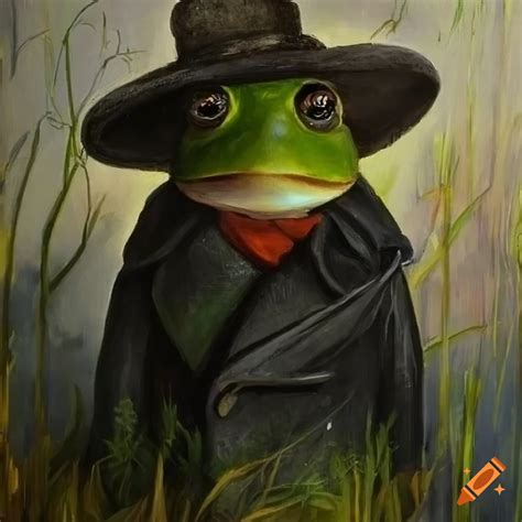 Toad Dressed In A Black Trenchcoat And Hat In A Swamp Oil Painting On